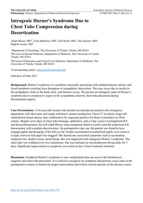 Pdf Iatrogenic Horners Syndrome Due To Chest Tube Compression During Decortication