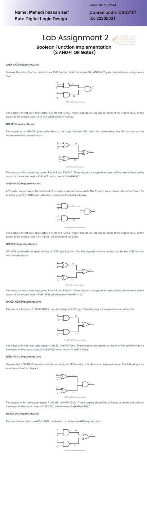 Lab Assignment 2 Boolean Function Implementation 2 And1 Or Gates