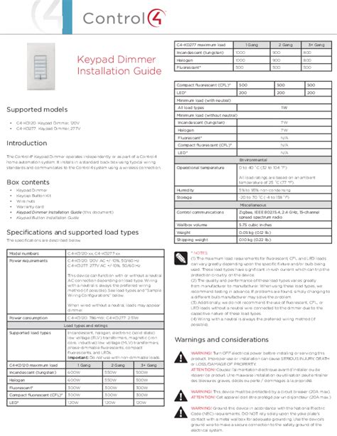 Control4 Keypad Dimmer Installation Guide Specifications And Wiring
