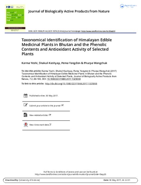 Pdf Taxonomical Identification Of Himalayan Edible Medicinal Plants In Bhutan And The Phenolic