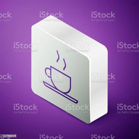 아이소메트릭 라인 커피 컵 아이콘보라색 배경에 격리 차 컵 뜨거운 음료 커피 실버 스퀘어 버튼 벡터 일러스트레이션 3차원 형태에 대한 스톡 벡터 아트 및 기타 이미지