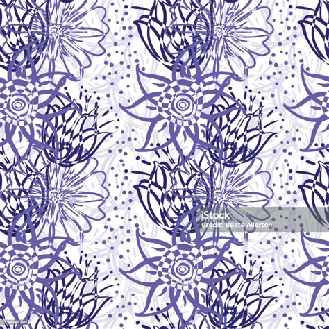추상 야생 초원 꽃 원활한 벡터 패턴 배경 식물 페리윙클 보라색 꽃 질감 기하학적 배경 라인 아트 스타일 수직 기둥 밀레플뢰르 디자인 모던 한 반복 인쇄 개화기에 대한 스톡