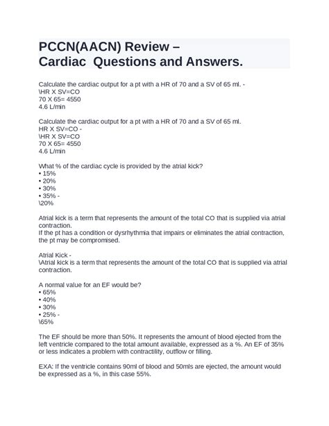 PCCN AACN Review Cardiac Questions And Answers Exams Nursing Docsity