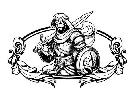 Arabian Knight With Sword And Shield Black And White Cartoon Character Illustration Comic