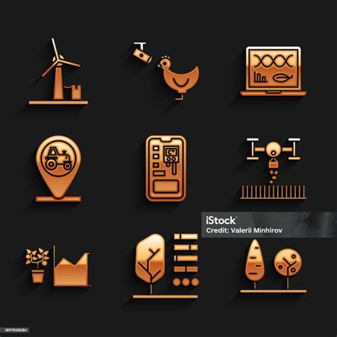 스마트 제어 농업 시스템 식물 상태 나무 드론 꽃 통계 트랙터 및 위치 유전 공학 수정 및 풍력 터빈 아이콘을 설정합니다 벡터 Dna에 대한 스톡 벡터 아트 및 기타 이미지