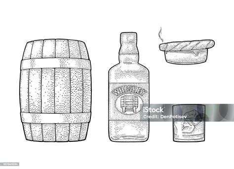 위스키와 시가 병 배럴 얼음 조각 유리 배럴에 대한 스톡 벡터 아트 및 기타 이미지 배럴 버번 위스키 에칭 Istock