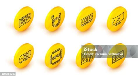 세트 라인 키보드 컴퓨터 케이스 Cpu가 있는 프로세서 비디오 그래픽 카드 컴퓨터 모니터 화면 Ram 랜덤 액세스 메모리 전기