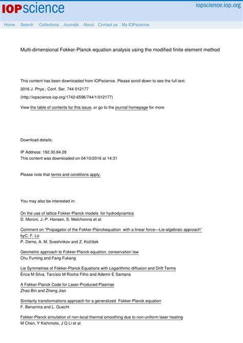 Pdf Multi Dimensional Fokker Planck Equation Analysis Using The Modified Finite Element Method