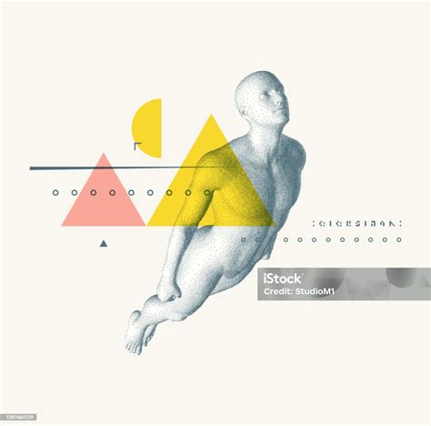 리더십 자유 또는 개발 개념 점프 남자3d 인체 모델 스포츠 용 디자인 입자로 구성된 벡터 그림입니다 계획에 대한 스톡 벡터