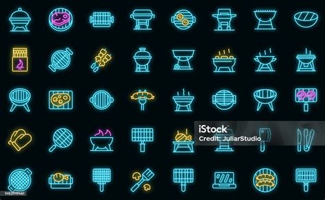 그릴 아이콘은 윤곽선 벡터를 설정합니다 요리 장비 벡터 네온 검은색에 대한 스톡 벡터 아트 및 기타 이미지 검은색 고기 굽기 Istock