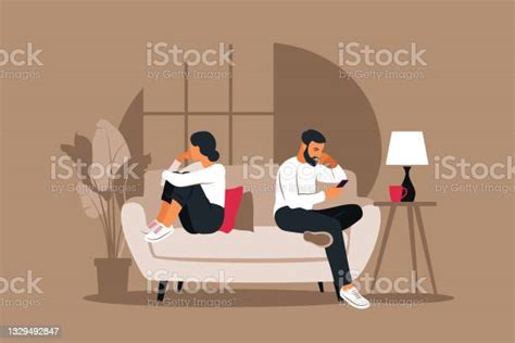 싸움의 남자와 여자 남편과 아내 사이의 갈등 다시 앉아 두 문자 불일치 관계 문제 이혼의 개념 가족에 대한 오해 벡터 남자에 대한 스톡 벡터 아트 및 기타 이미지 Istock