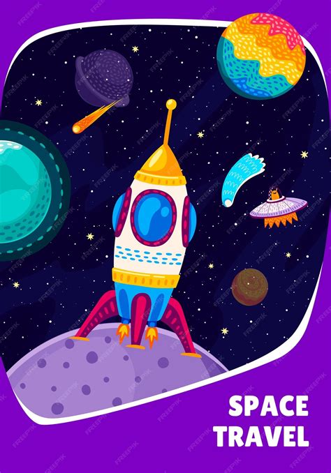 Banner De Viagem Espacial Com Suporte De Nave Espacial De Desenho Animado Na Superfície Do