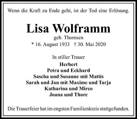 Traueranzeigen Von Lisa Wolframm Trauer Anzeigende
