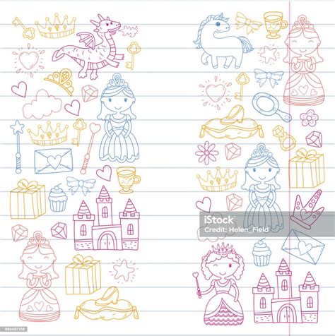 낙서 공주와 판타지 아이콘 집합이 고 그리고 초대 인사말 카드에 대 한 디자인 요소 아이 그림입니다 유치원 유치원 학교 패턴 6