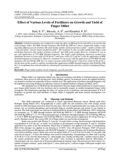 Effect Of Various Levels Of Fertilizers On Growth And Yield Of Finger Millet Pdf Fertilizer