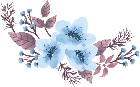 Beautiful Arrangement Of Blue Flowers And Brown Leaves Watercolor