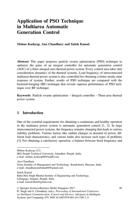 Pdf Application Of Pso Technique In Multiarea Automatic Generation Control