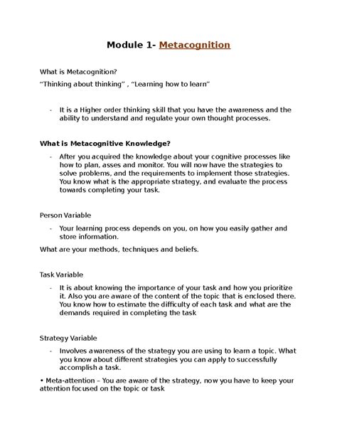 Module 1 Metacognition Module 1 Metacognition What Is Metacognition