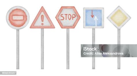 도로 표지판 세트입니다 교통 표지판의 수채화 그림입니다 고립된 배경에 거리 정지 신호의 손으로 그린 클립 아트입니다 교육 서적 및 기사에 대한 고속도로 코드 표지판 도면 0