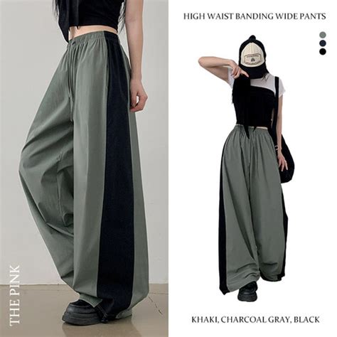 더핑크 기장선택 조거가능 여름옷 여름바지 네프 배색 바스락 하이웨스트 밴딩 와이드 팬츠