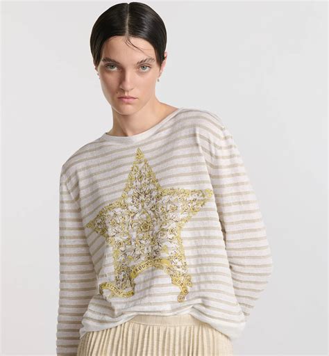 Dior Marinière Sweater Gold Tone And White Blended Linen Cashmere And