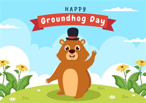Happy Groundhog Day On February 2 With Cute Marmot Character And Garden Background Template Hand