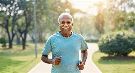 Energetic Elderly Man Running In Park Under Morning Sunlight For