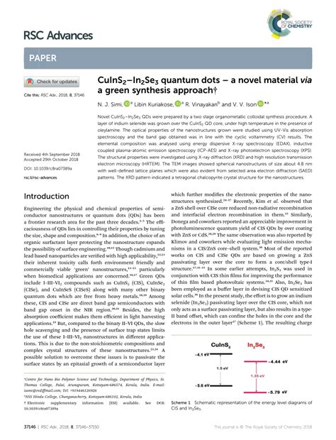 Pdf Cuins 2 In 2 Se 3 Quantum Dots A Novel Material Via A Green Synthesis Approach