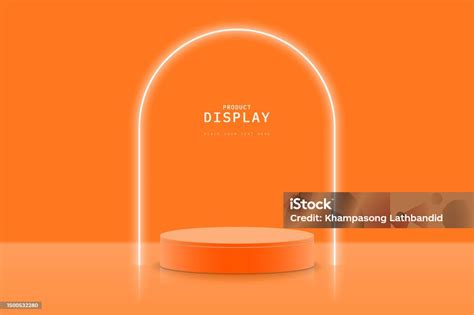 추상적이고 깨끗한 빈 스튜디오 룸 주황색 3d 실린더 연단 받침대는 빛나는 아치 모양으로 사실적입니다 모형을 위한 최소한의 장면 쇼케이스를 위한 3d 무대 3d 벡터