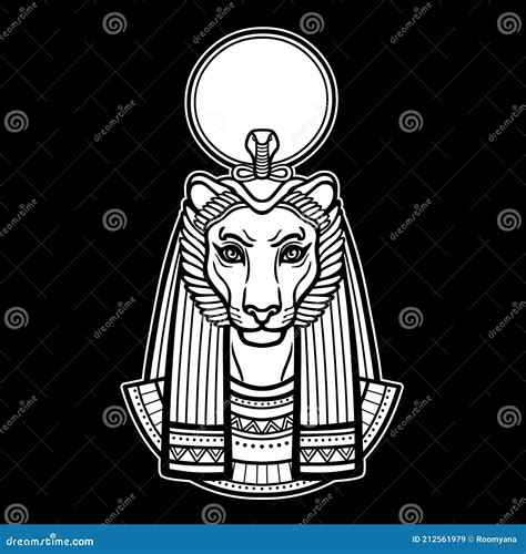 Animation Portrait Ancient Egyptian Goddess With Head Of Lioness Disk Of Sun Stock Vector
