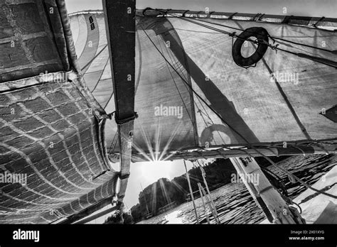 A Black And White Filtered View Of The Sun Shining Through Rigging And The Sail On An Egyptian