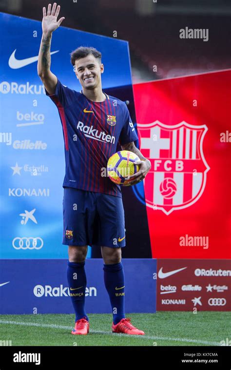 Barcelonas New Signing Brazilian Philippe Coutinho Poses For The Media