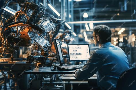 Engineer In Front Of A Computer And Programming Robots In Factory Programming Automated Process