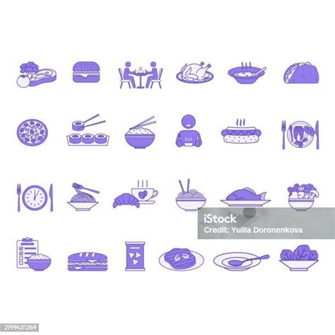 컬러 식사 아이콘 세트입니다 벡터 아트 햄버거 수프 밥 파스타 샐러드 점심 피자 치킨 생선 초밥 스테이크 국수 먹다 타코 핫도그 샌드위치 등 0명에 대한 스톡 벡터 아트 및