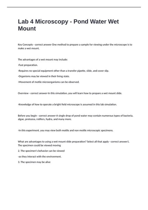 Lab 4 Microscopy Pond Water Wet Mount Advanced Preset Exam Questions