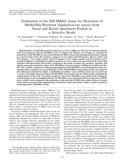 Pdf Evaluation Of The Idi Mrsa Assay For Detection Of Methicillin Resistant Staphylococcus