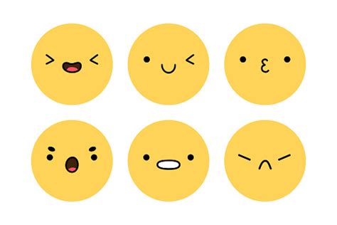 다양한 표정을 가진 귀여운 이모티콘 세트 행복 기쁨 슬픔 실망 놀람 분노 감정을 가진 노란색 문자 벡터 평면 그림 이런