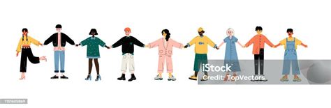 다문화 청년 들이 함께 행에 서 서 손을 잡고 우정 화합 관용 벡터 일러스트 개체 그룹에 대한 스톡 벡터 아트 및 기타 이미지 개체 그룹 남자 벡터 Istock