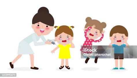 소아과 의사가 주사를 들고 백신 주사 예방 및 예방 접종을 두려워하는 어린이 예방 접종 흰색 배경에서 격리된 벡터 그림 귀여운에 대한 스톡 벡터 아트 및 기타 이미지