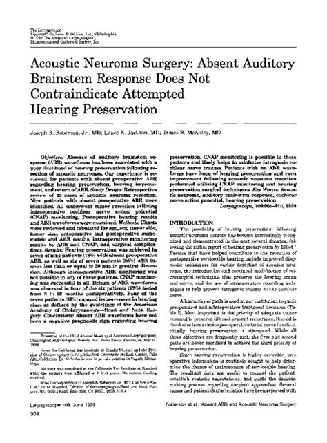 Pdf Acoustic Neuroma Surgery Absent Auditory Brainstem Response Does