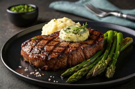 Perfectly Grilled Usda Prime Ribeye Steak With Herb Butter Mashed