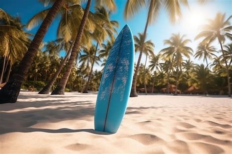 Planche De Surf Debout Coincée Dans Le Sable Et Allongée Au Palmier Sur La Plage Paradisiaque