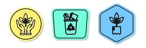 환경 보호 재활용 기호가 있는 휴지통 병에 담긴 공장에 세트라인 플랜트 컬러 셰이프입니다 벡터 개념에 대한 스톡 벡터 아트 및 기타 이미지 Istock