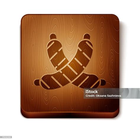 갈색 교차 소시지 아이콘 흰색 배경에 격리 구운 소시지와 아로마 사인 나무 사각형 버튼입니다 벡터 일러스트레이션 고기에 대한