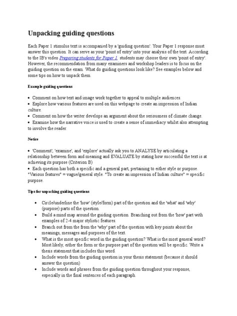 Unpacking Guiding Questions Guiding Texts Pdf Question Human Communication