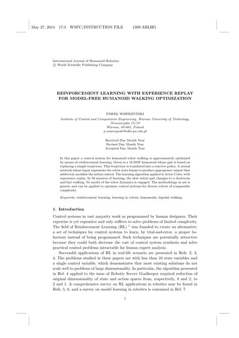 Pdf Reinforcement Learning With Experience Replay For Model Free