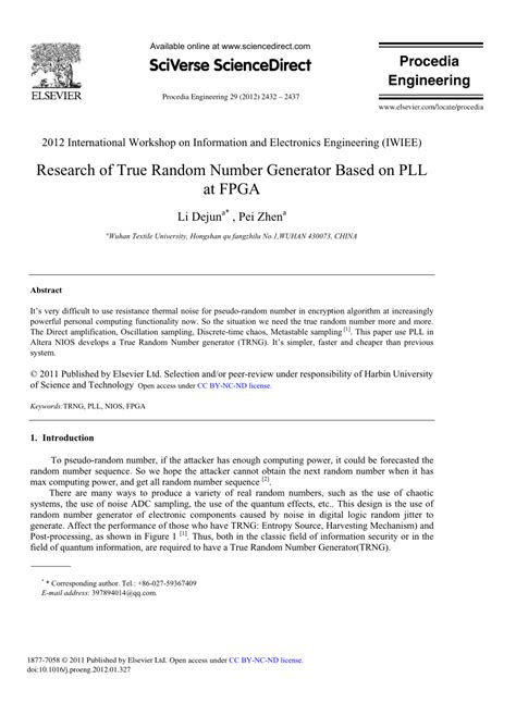 Pdf Research Of True Random Number Generator Based On Pll At Fpga