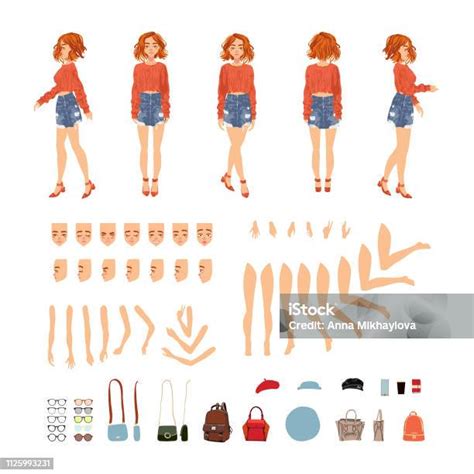 애니메이션 캐릭터 젊은 아가씨 인물 생성자입니다 다른 여자 자세 얼굴 다리 손 액세서리 컬렉션 벡터 만화 사람입니다 격자 무늬