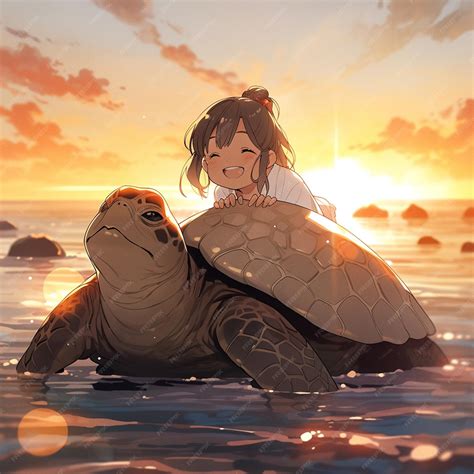 Premium Photo Anime Girl Hugging A Turtle In The Ocean At Sunset