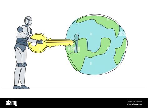 Continuous One Line Drawing Robot Putting Key Into Globe Global Warming Alert For Ecosystem
